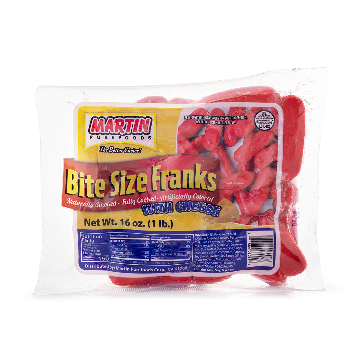 Get Martin Purefoods Bite Size Hot Dog Franks with Cheese, Frozen ...