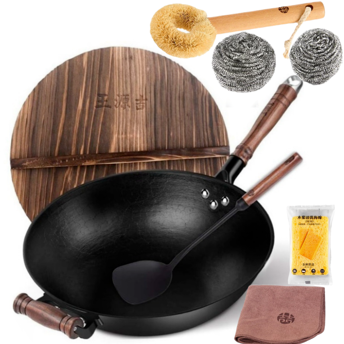 Get WANGYUANJI 36cm Chinese Handmade Cast Iron Wok+Spatula+ Clean Set ...