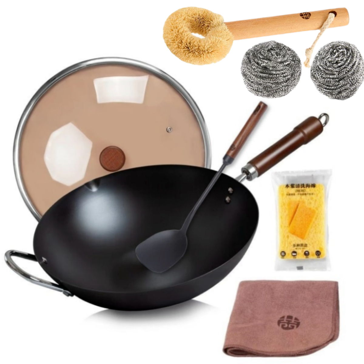 Get WANGYUANJI Chinese Cast Iron Wok+ Clean Set Carbon Steel Pan 36cm ...