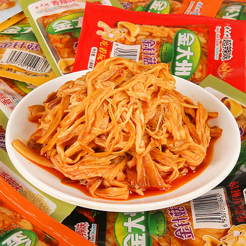 Get Jin Dazhou enoki mushroom spicy open bag ready to eat 15g*10 packs Delivered | Weee! Asian ...
