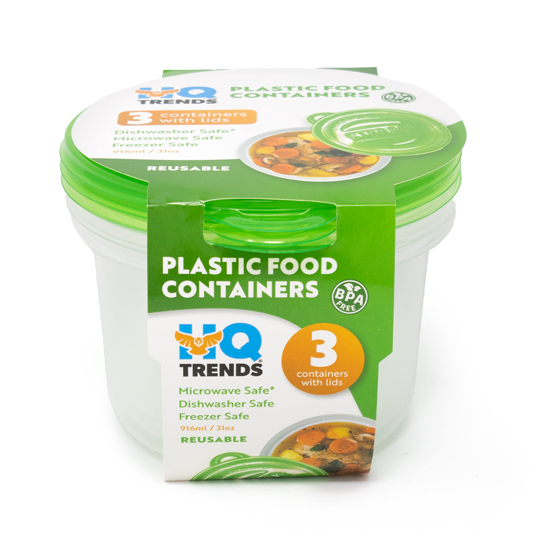 Get HQ Set of 3 Plastic Food Containers - 916ml/31oz - Round Shape with ...