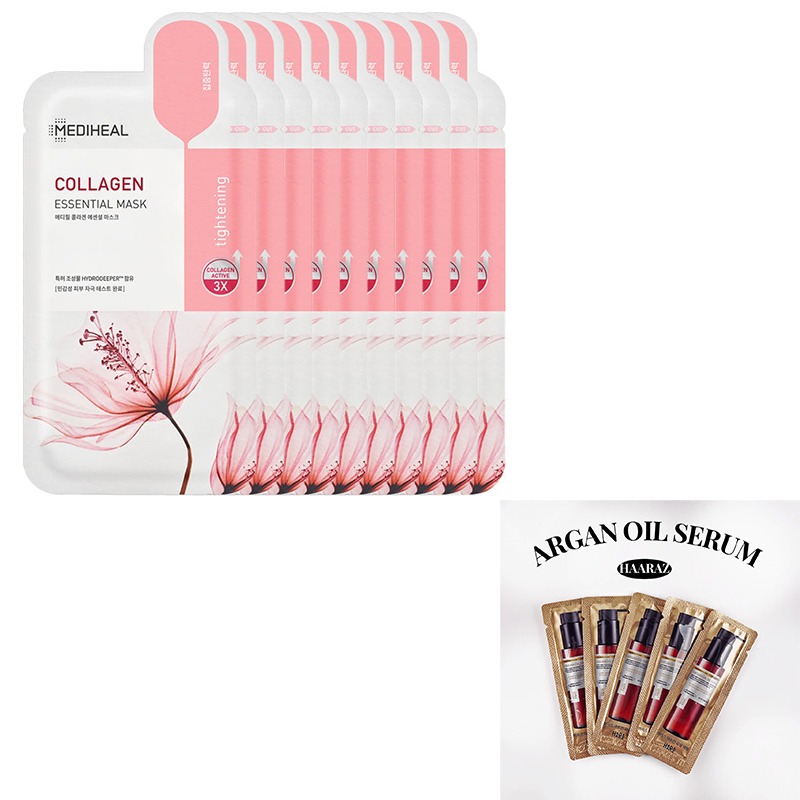 MEDIHEAL Collagen Essential Mask 10 Pack + 5 HAARAZ Hair Oil (5ml) - Weee!
