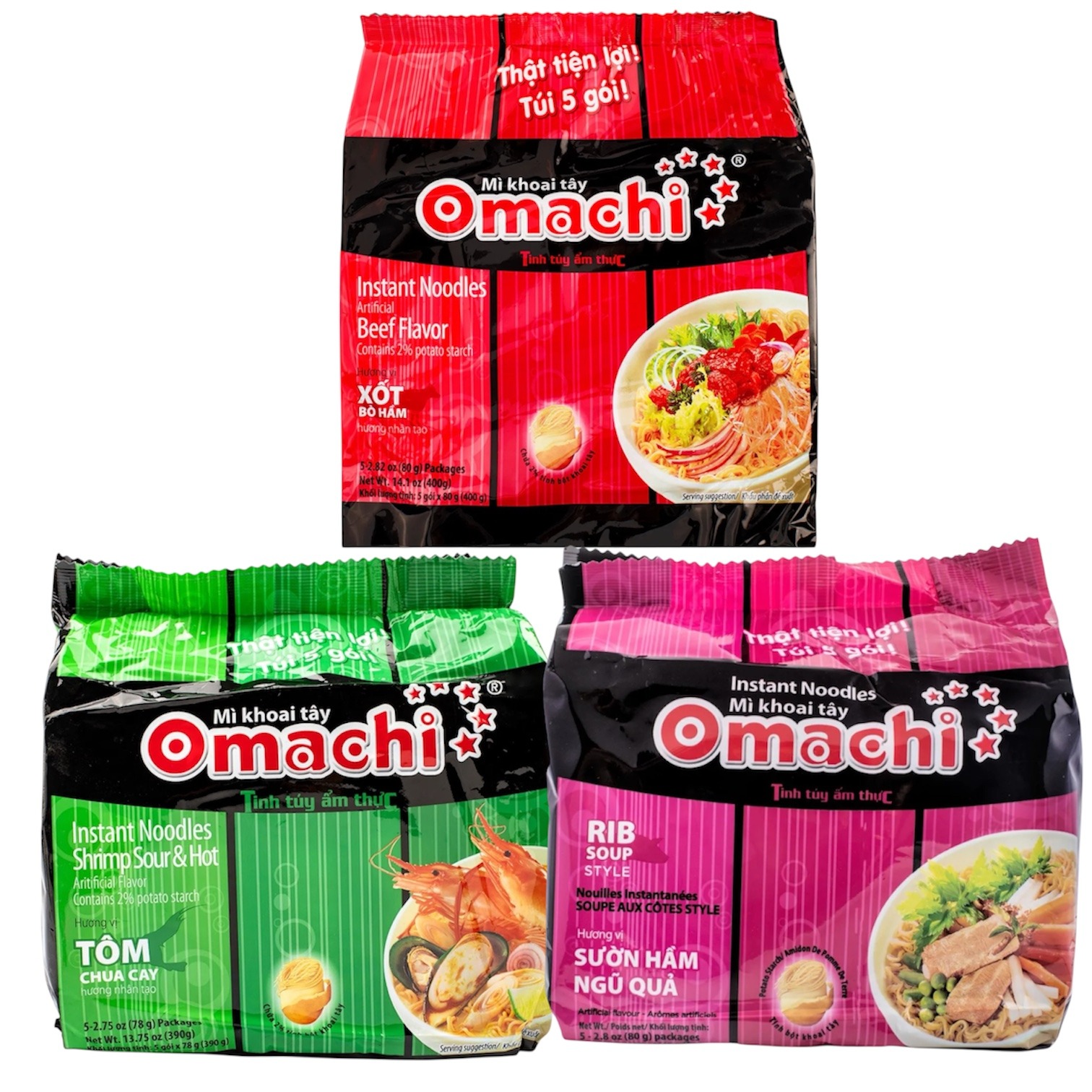 Omachi Instant Noodles Combo Assorted (3) Flavors 5 count*3 pack - Weee!