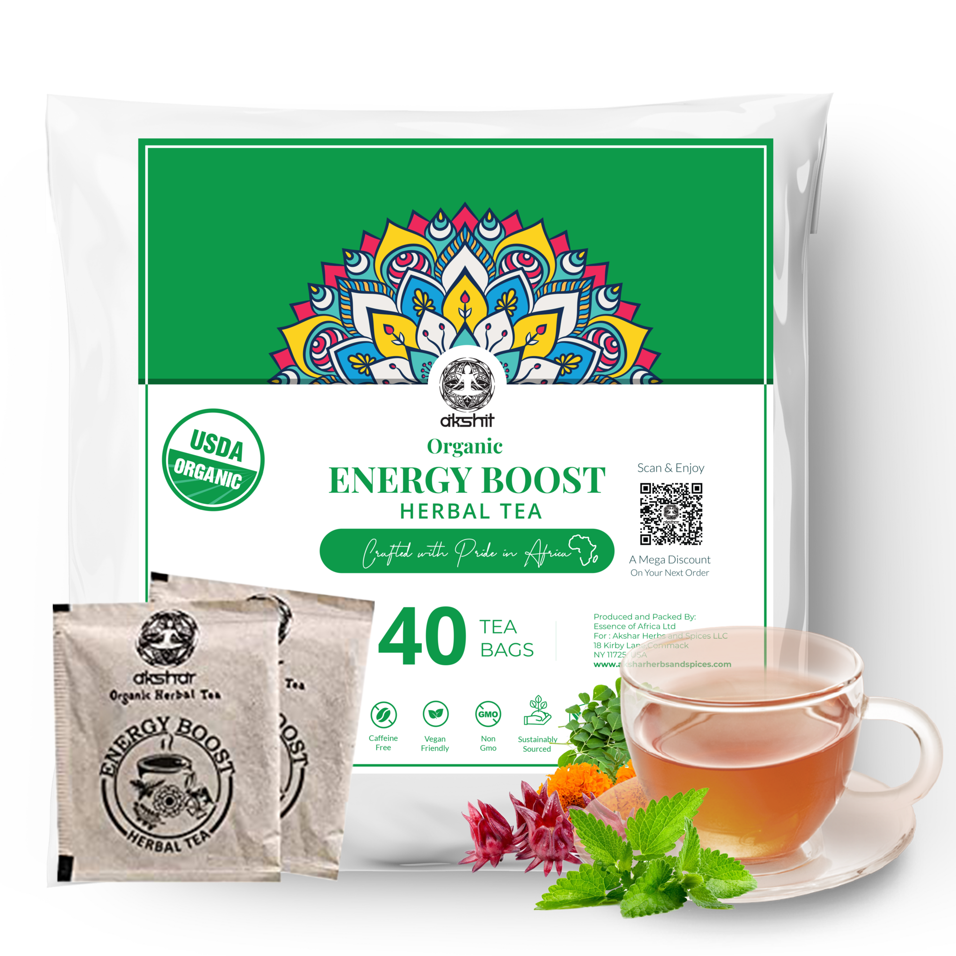 Get Organic Energy Booster Tea, Hibiscus Blended Moringa, 40 Tea Bags ...