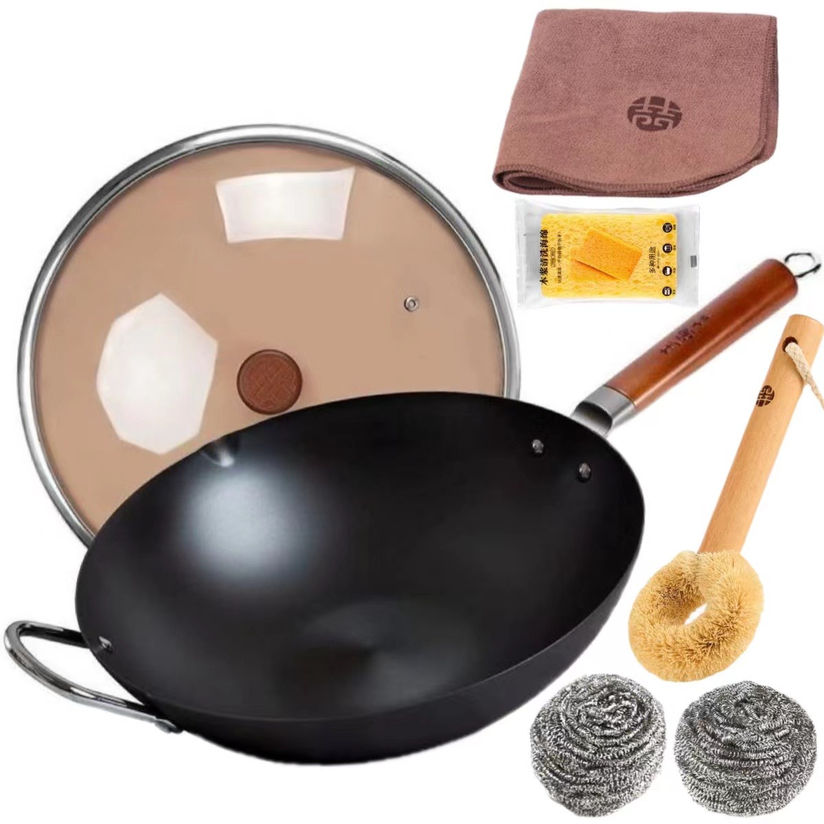 Get WANGYUANJI 36cm Chinese Cast Iron Wok + Cleaning Set - No Chemical ...
