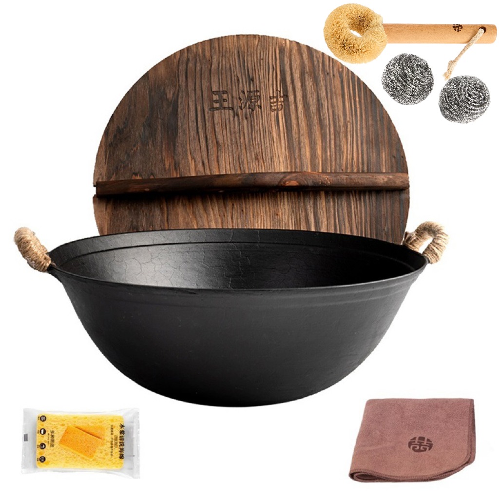 Get WANGYUANJI 30cm Round Bottom Cast Iron Serving Pot With Wooden Lid+ ...