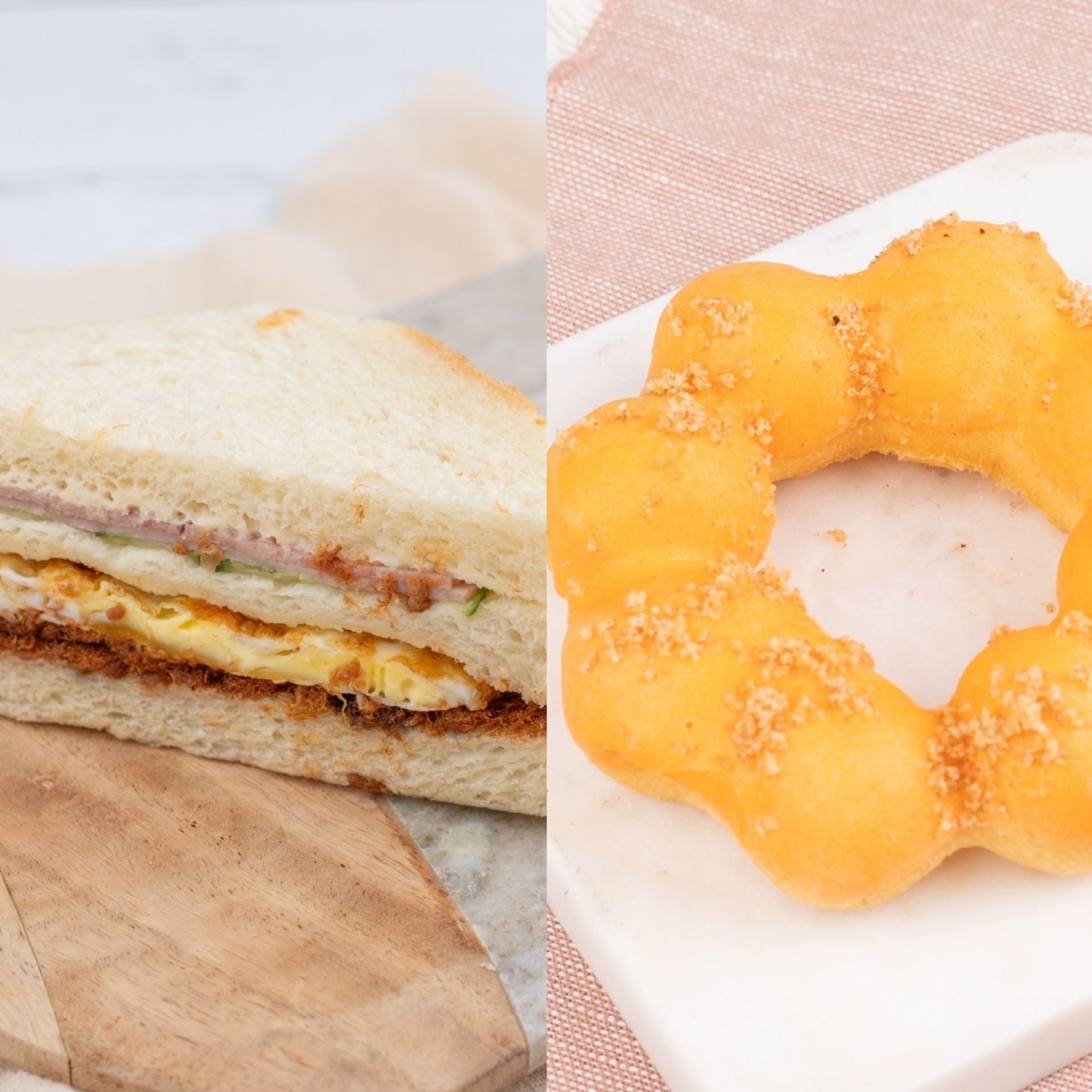 Get Pork Floss & Ham Egg Sandwich (with Fresh Cucumber)+Pumpkin Mochi ...