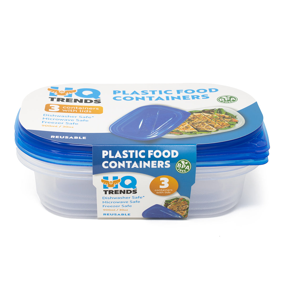 Get HQ Rectangular Plastic Containers with Blue Lids - 900ml/30oz ...