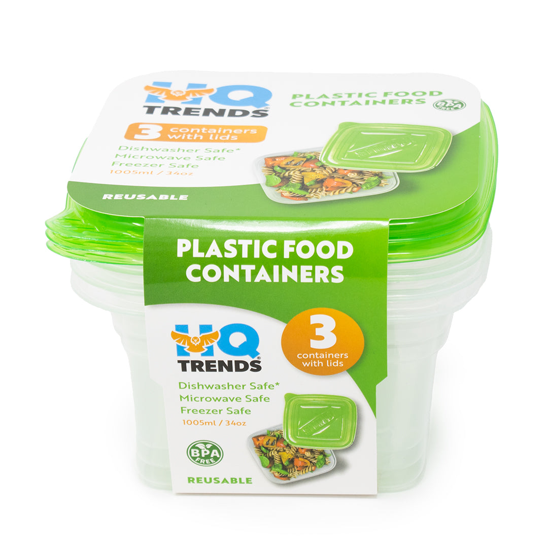 Get HQ Set of 3 Plastic Food Containers of 1000ml/34oz - Square Shape ...