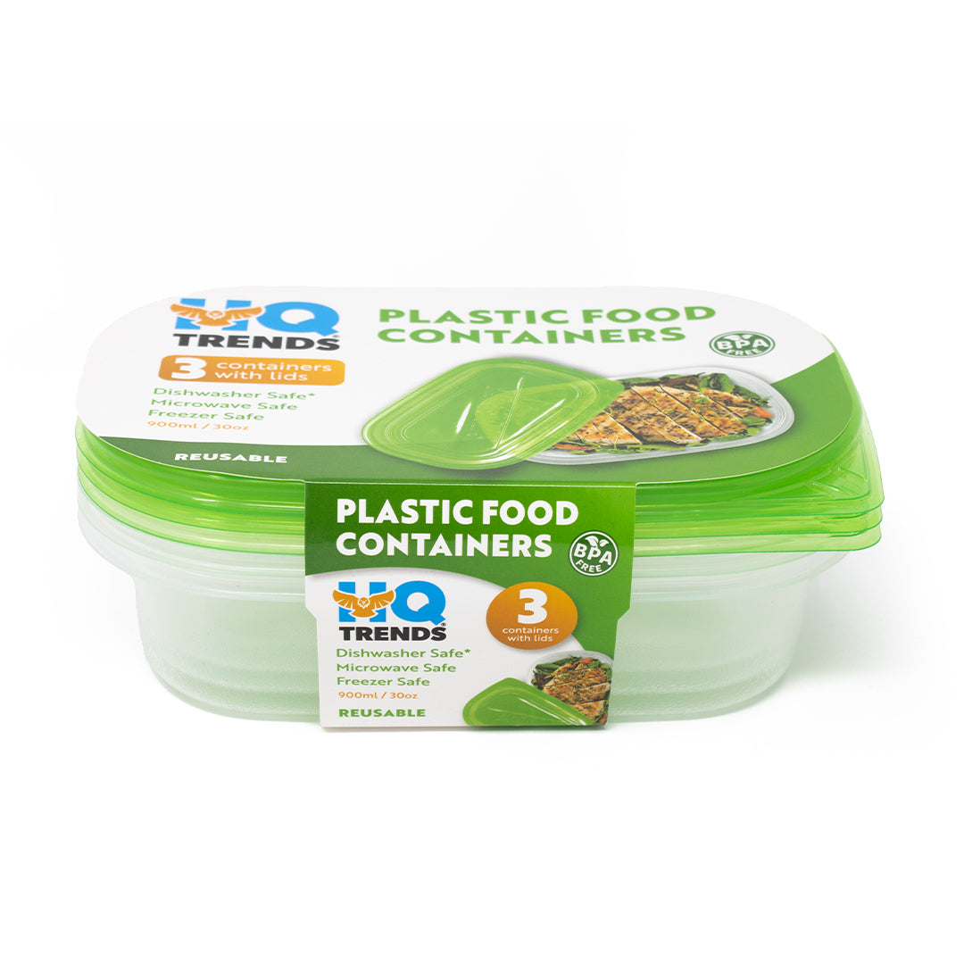 Get HQ Set of 3 Plastic Food Containers - 900ml/30oz - Rectangular ...