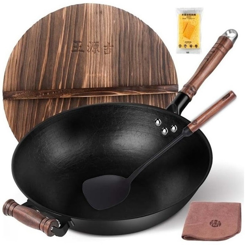 Get WANGYUANJI 34cm Chinese Handmade Cast Iron Wok+Spatula Nonstick ...