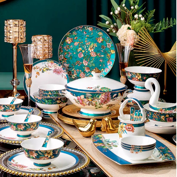 Get BESTLEAFTEA 49-Piece Enamel Dinnerware Set A Symphony of Birds ...