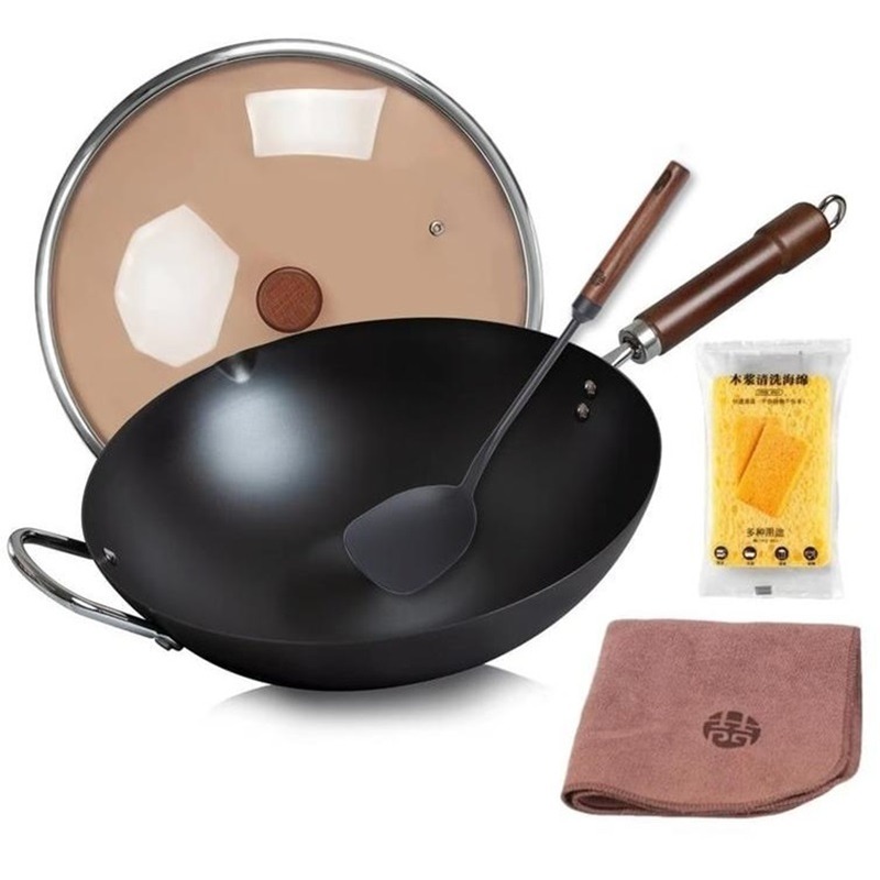 WANGYUANJI Chinese Cast Iron Wok+Spatula Set Flat Bottom No Chemical ...