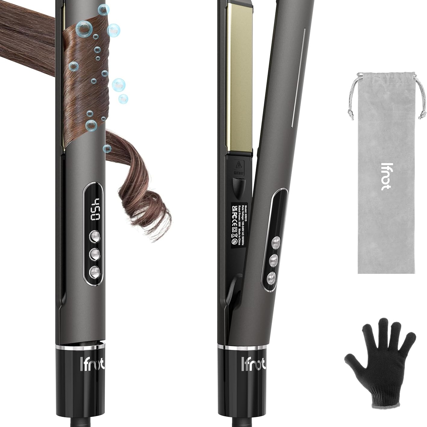 IFNOT直发器和卷发器二合一，直发器卷发平铁，陶瓷负离子波浪直发，无毛躁，15秒快速加热和温度记忆(灰色) - Weee!