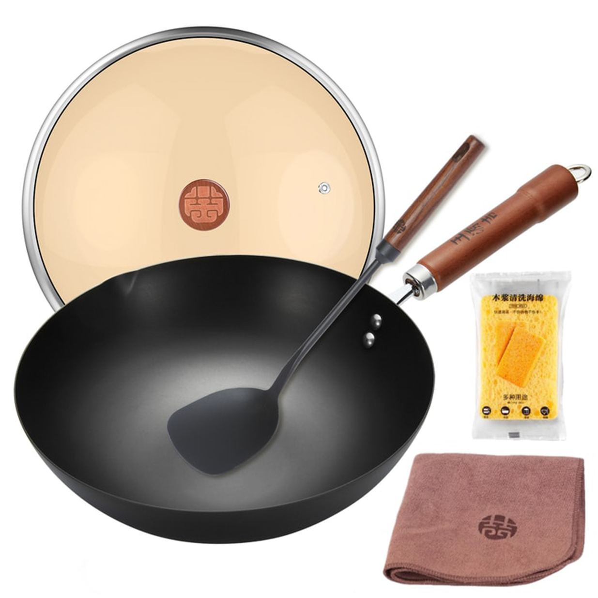 WANGYUANJI Chinese Cast Iron Wok+Spatula Set Flat Bottom No Chemical ...