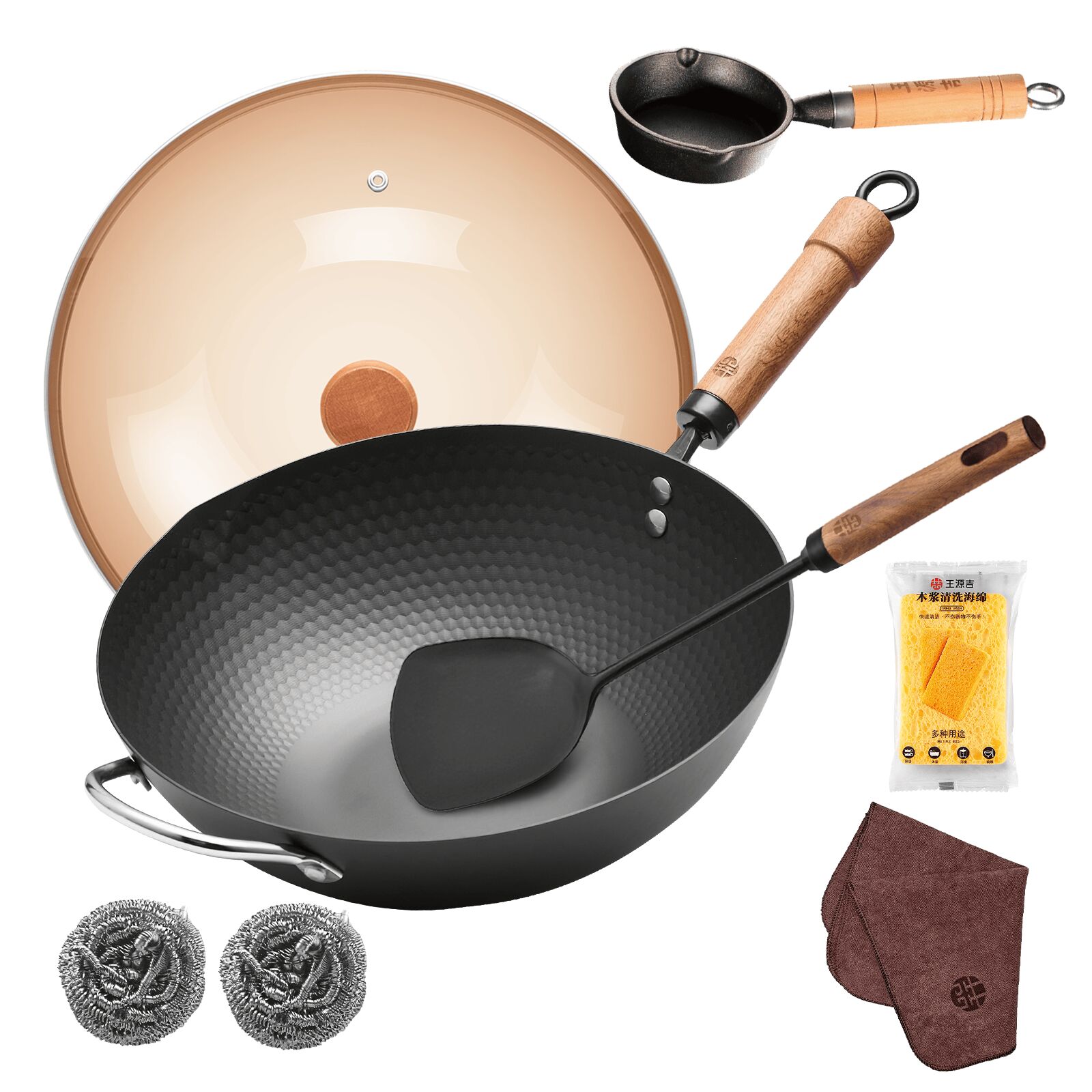 Get 32CM Chinese Carbon Steel Wok+Spatula+Clean Set 1 count Delivered ...