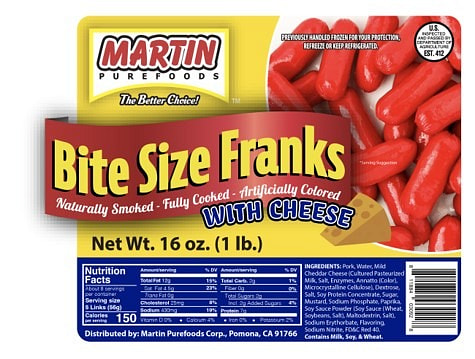 Martin Purefoods Bite Size Hot Dog Franks with Cheese, Frozen - Weee!