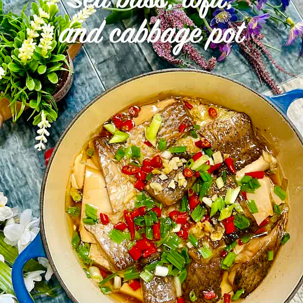 Sea bass, tofu, and cabbage pot